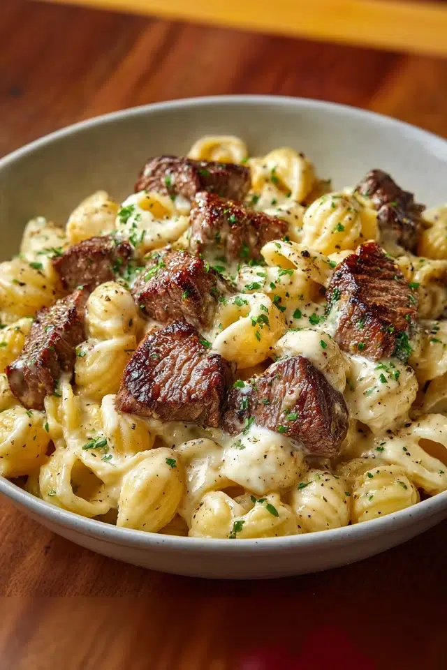 Steak Bites and Shell Pasta in Garlic Butter Alfredo Sauce - Gourmet Martha