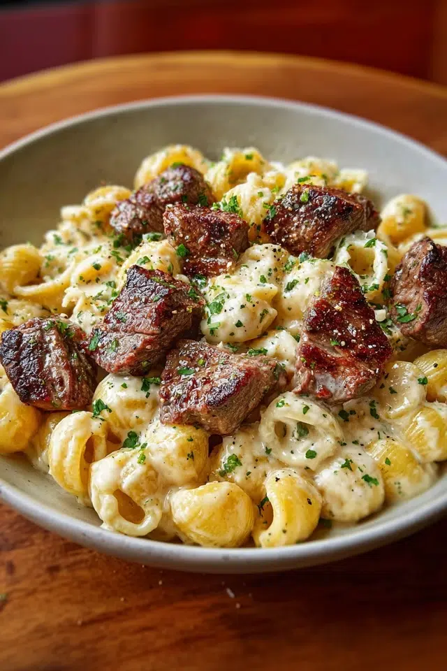 Steak Bites and Shell Pasta in Garlic Butter Alfredo Sauce - Gourmet Martha