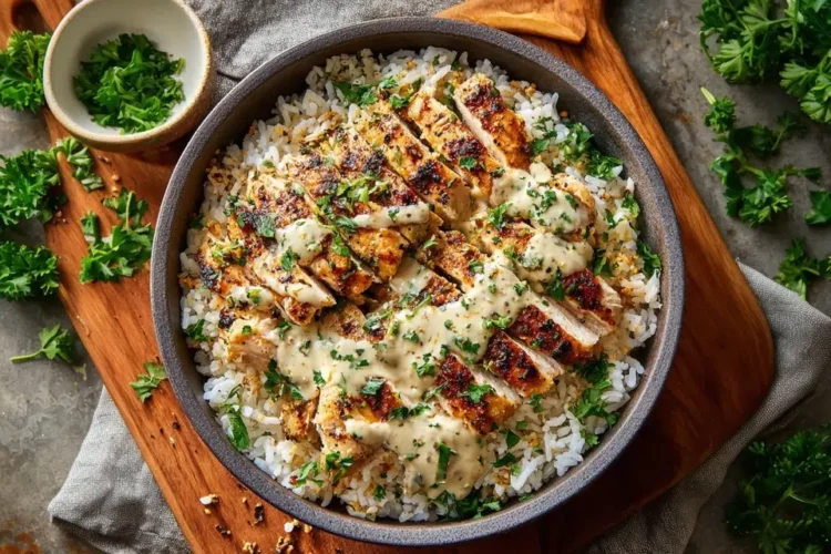 Chicken and Rice Bowls with Creamy Garlic Sauce - Gourmet Martha