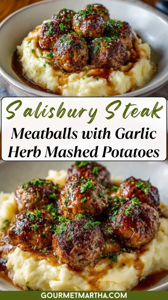 Salisbury Steak Meatballs with Garlic Herb Mashed Potatoes - Gourmet Martha