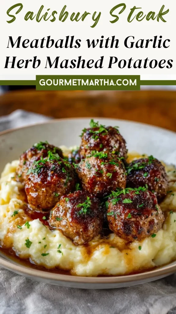 Salisbury Steak Meatballs with Garlic Herb Mashed Potatoes - Gourmet Martha